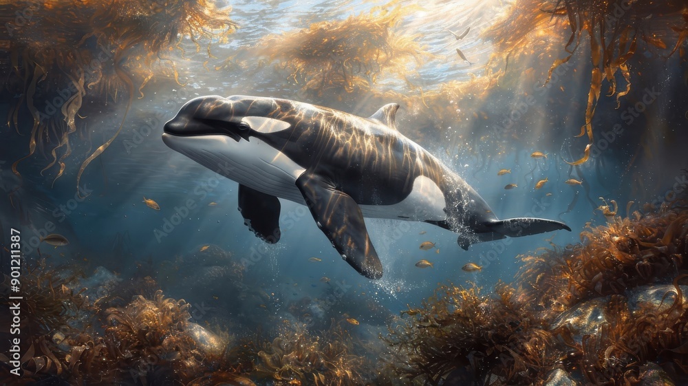 Killer whale hunting in kelp forest, weaving between seaweed, small ...
