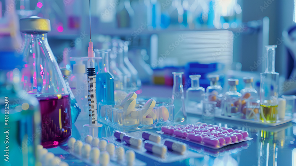 Side View of Medical Supplies: Tablets, Capsules, Ampoules, Vials, Test ...