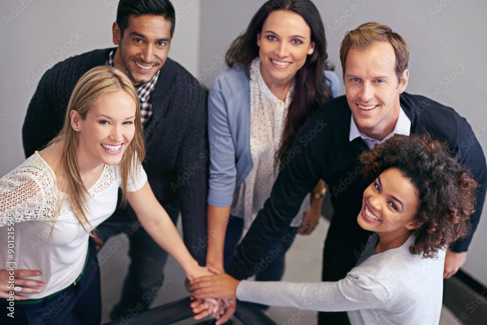 Foto de Business people, happy portrait and hand stack for ...