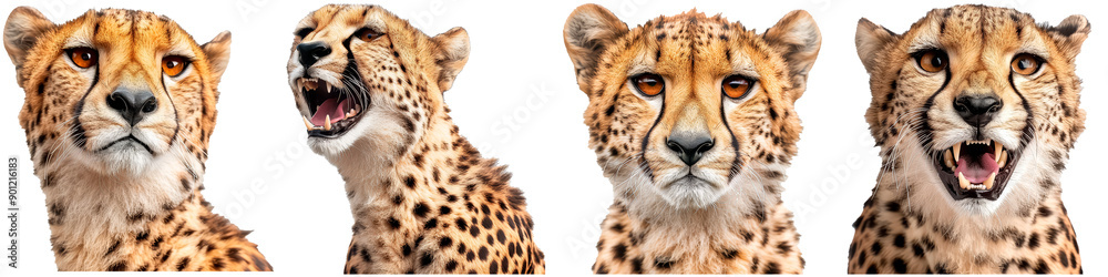 Four cheetahs are shown in a row, each with their mouths open and teeth ...