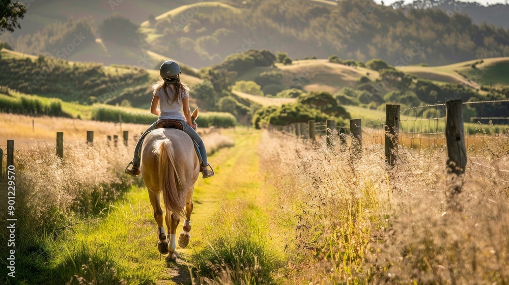 Golden Hour Horseback Ride: A young woman enjoys a peaceful horseback ...