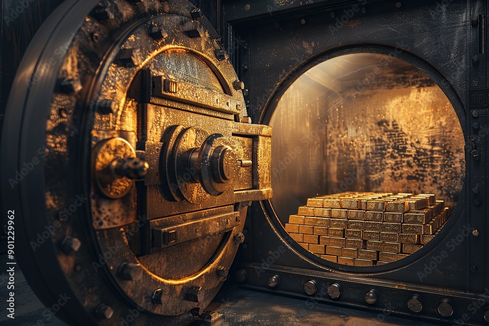 Open bank vault door revealing stacks of gold bars Stock Photo | Adobe ...