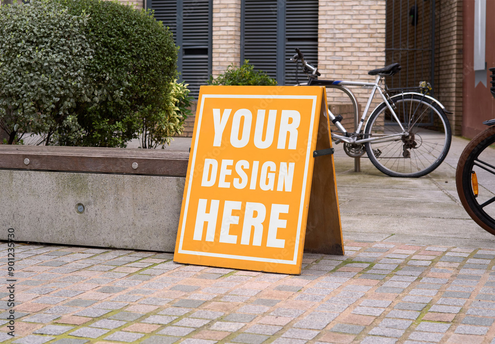 Mockup Of Vertical Customizable A-Frame Sign And Bikes Stock Template ...