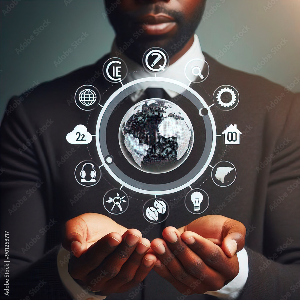 Net Zero emissions concept. Man holding to carbon reduction icons ...