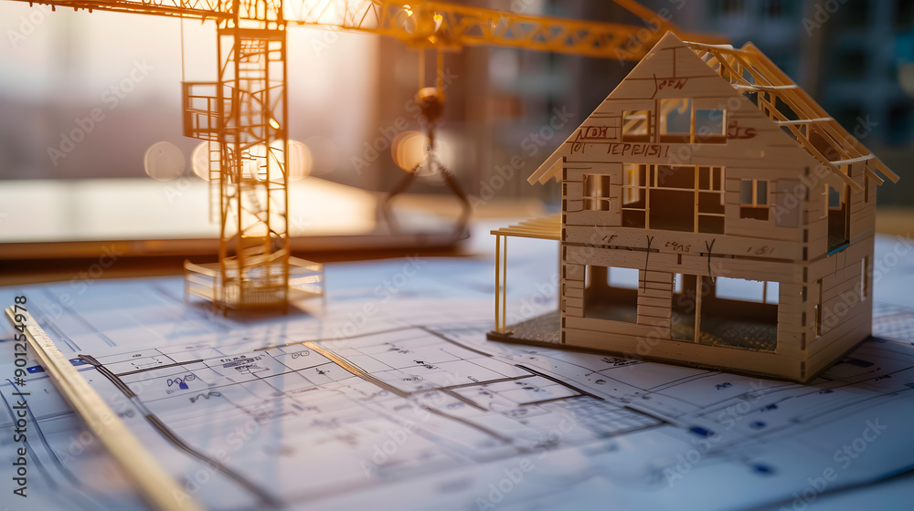 A house model and a construction crane basking in sunlight on top of an ...