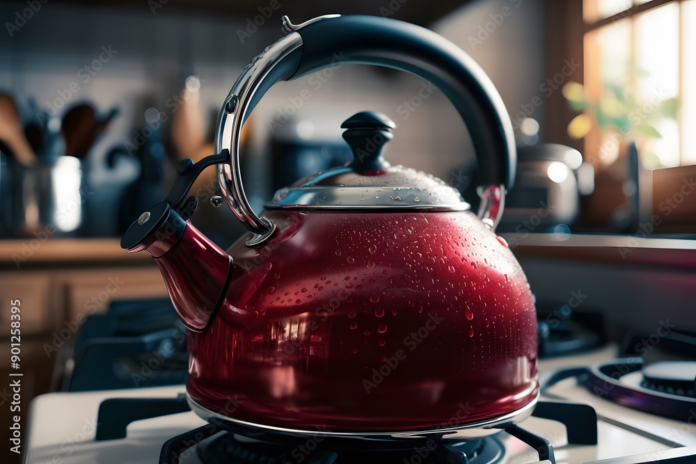 Red Kettle on the Stove: A close-up, rustic photograph of a red kettle ...