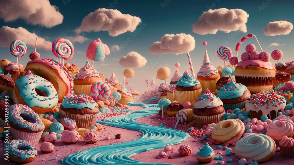Fantasy candy land with colorful sweets and landscape. castle in the ...