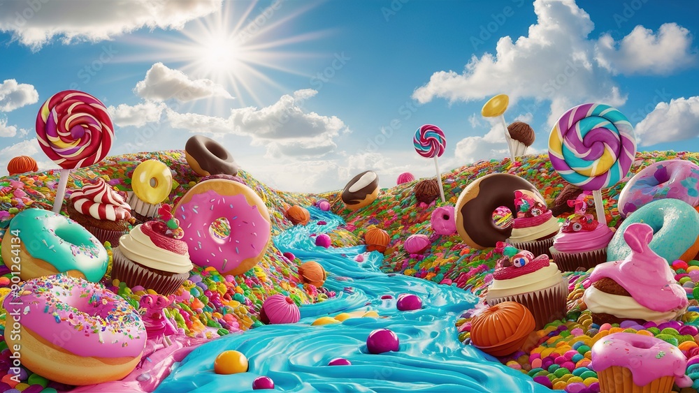 Fantasy candy land with colorful sweets and landscape. castle in the ...