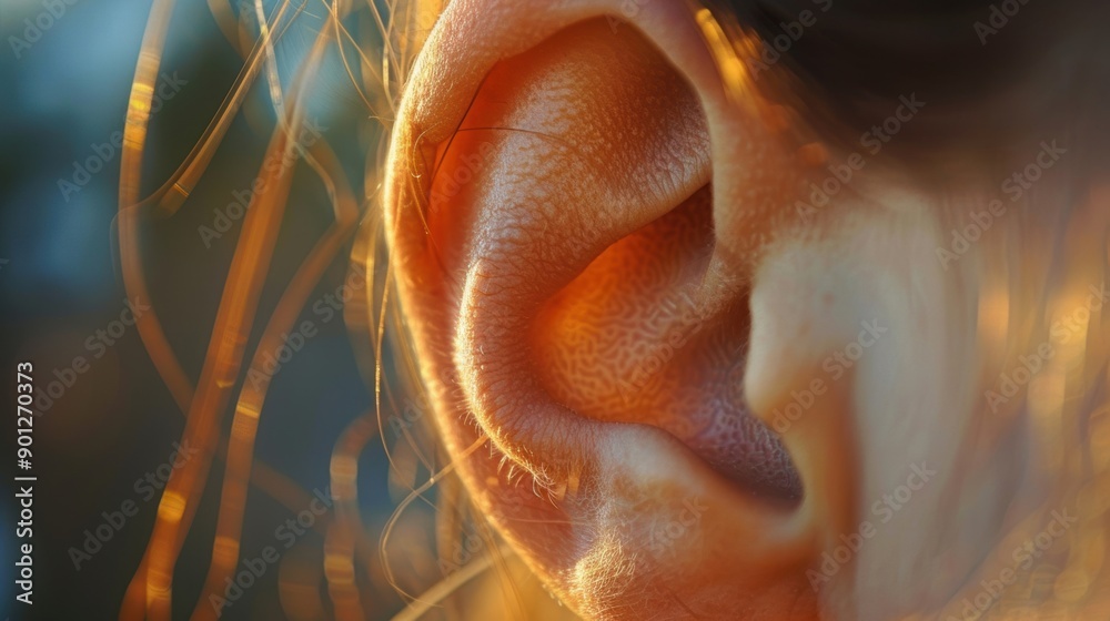 Detailed close-up of a human ear illuminated by golden light ...