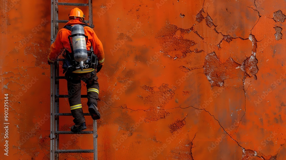 Artistic capture of a firefighter descending a ladder while carrying ...