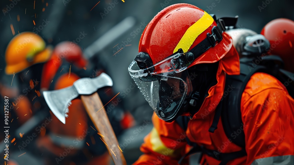 Artistic capture of firefighters in action with axes and chainsaws ...