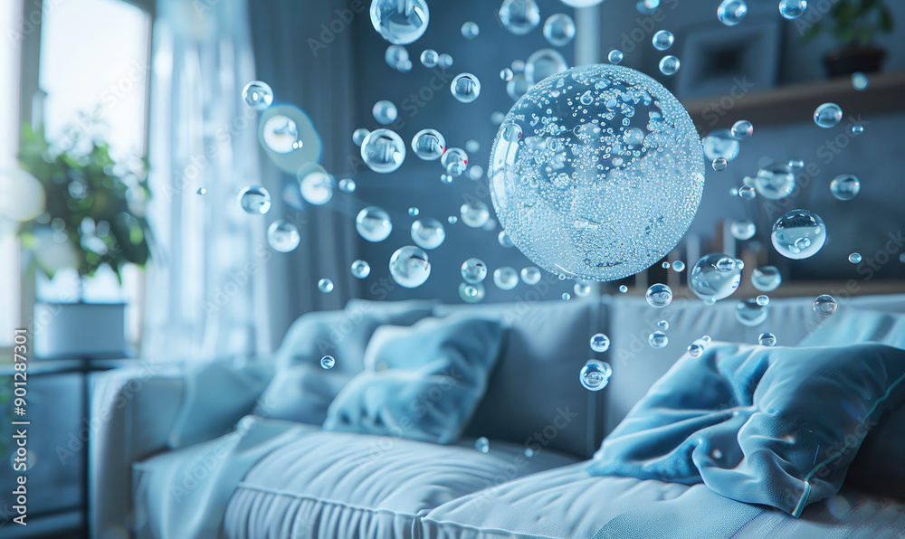 Experimental air cleaning technology in the living room, there is an AI sphere floating above ...