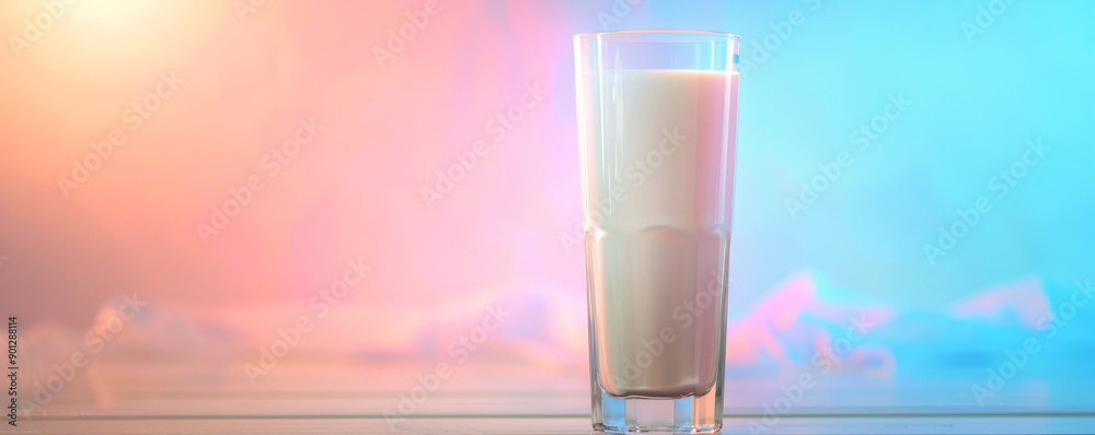 Glass of milk against a pastel color background, creating a soft and ...