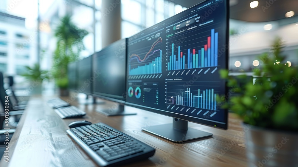 A Modern Office Workspace Featuring Multiple Computer Monitors Displaying Data Analytics ...