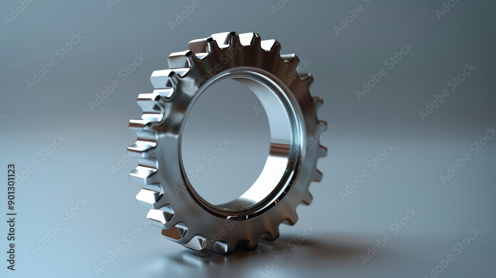 A shiny, metallic gear with a series of evenly spaced teeth is depicted ...