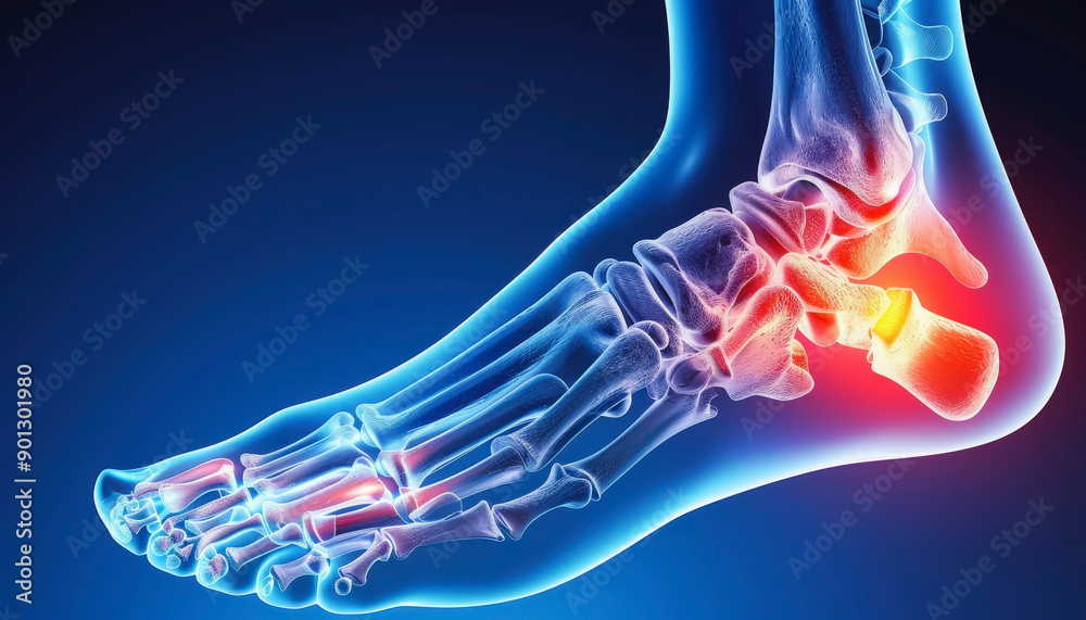 A rendered image showing the bones of a human foot with highlighted ...