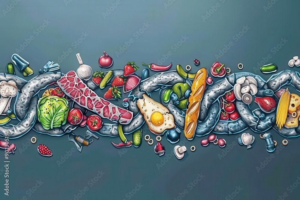 Food Chain Disruption A delicate line art depicting a broken chain of ...