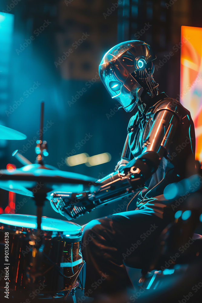 Android robot drummer playing drums at a pop music concert performing ...