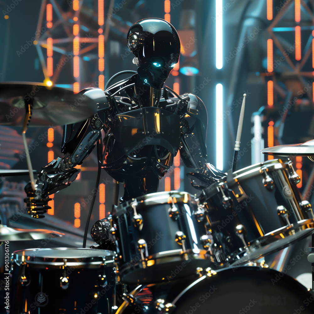 Android robot drummer playing drums at a pop music concert performing ...