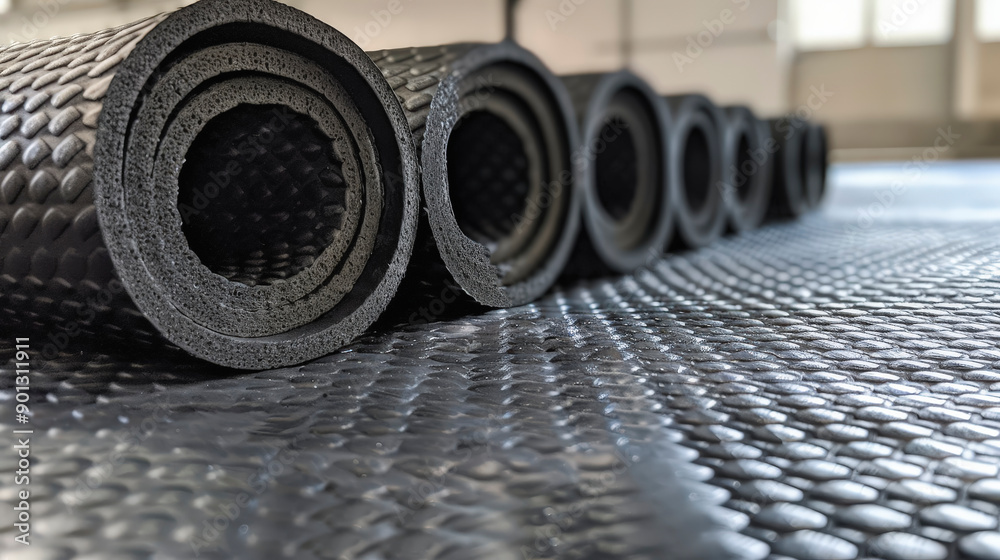 Rolled rubber mats are laid on the floor, ready for use in a gym or ...