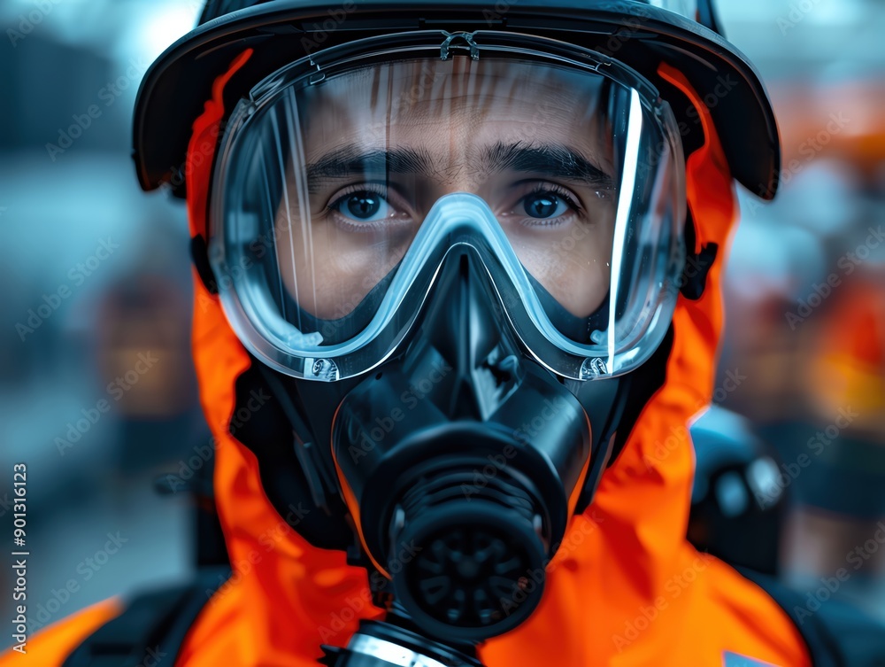 Epic shot of a firefighter wearing a self-contained breathing apparatus ...