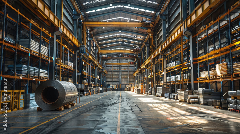 A large, well-lit warehouse with high shelves storing various ...