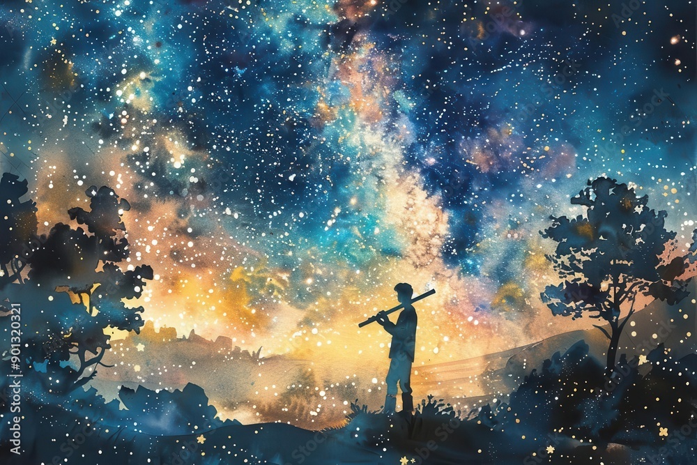 Celestial Flute A watercolor illustration of a flute player under a ...