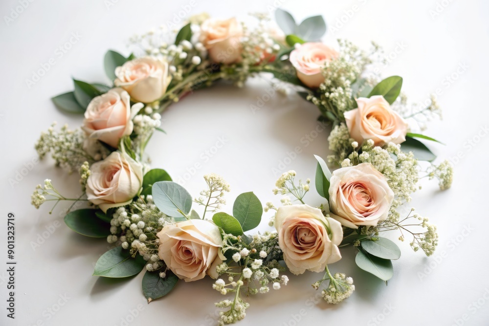 Delicate fresh flower wreath adorned with baby's breath, roses, and ...