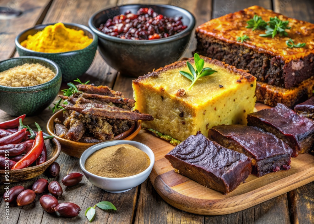 Vibrant arrangement of traditional South African delicacies: bobotie ...