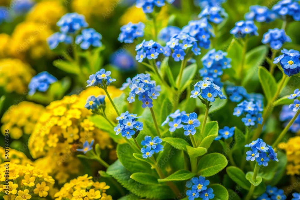 Delicate blue forget-me-nots bloom amidst vibrant yellow and green ...