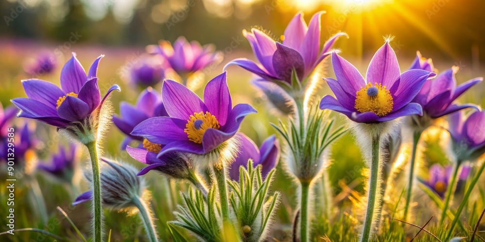 Vibrant purple Pasque flowers bloom in a lush green spring field ...