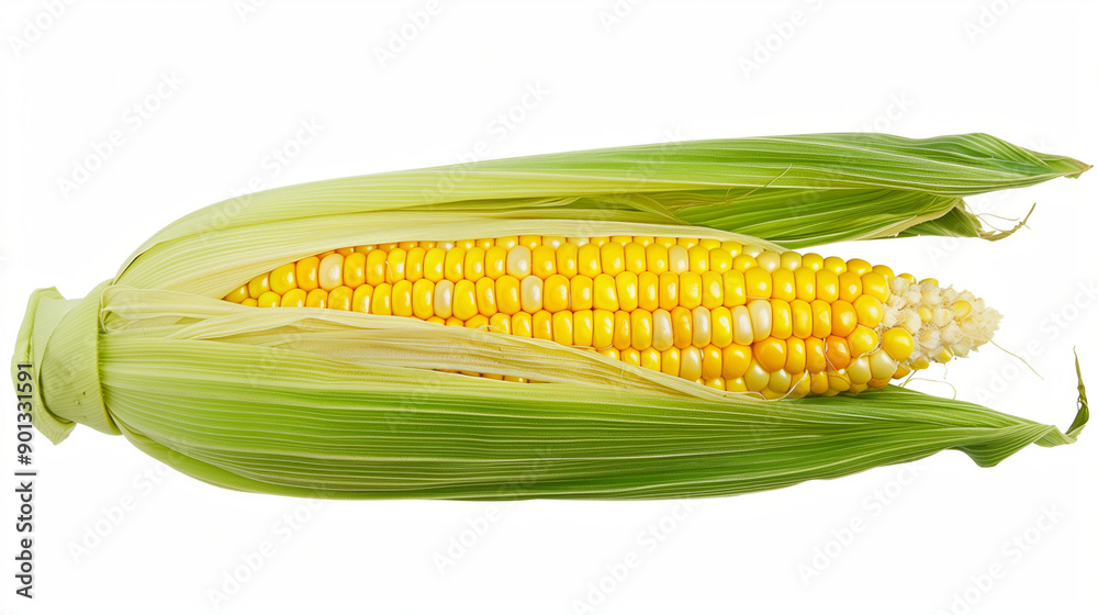 Whole ear of corn with bright yellow kernels and green husk partially ...