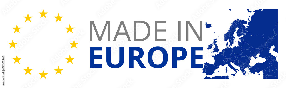 made in Europe, symbol icon, isoalted, yellow stars as circle and blue ...