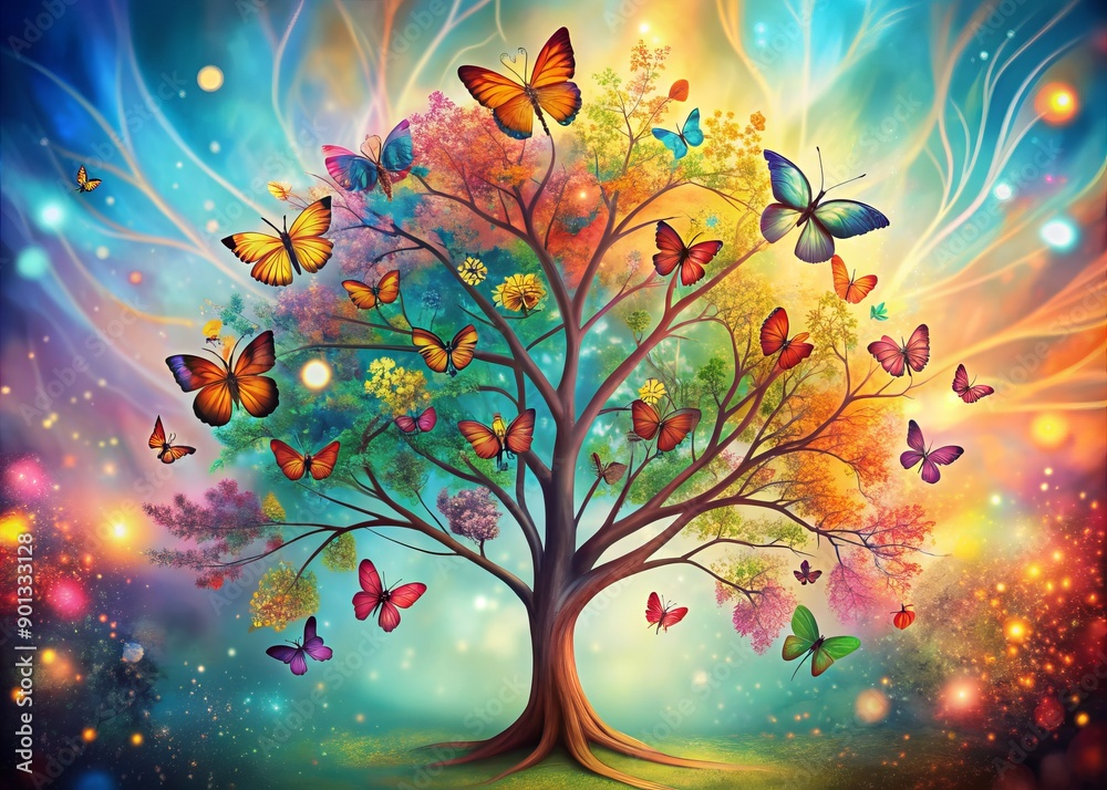 Vibrant, elegant, and fantastical butterfly tree illustration with ...