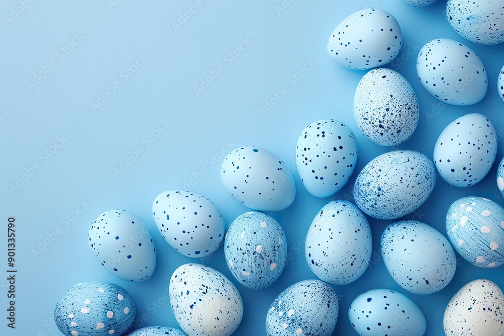 A blue and white egg with white spots. The eggs are scattered across ...