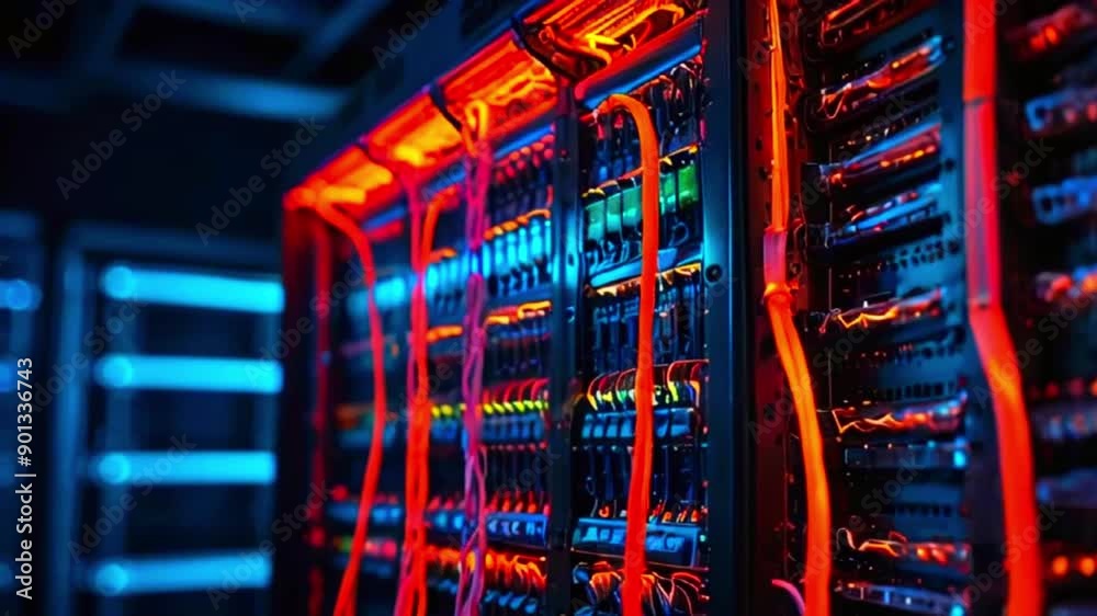 The video shows a server room with rows of servers and many colorful ...