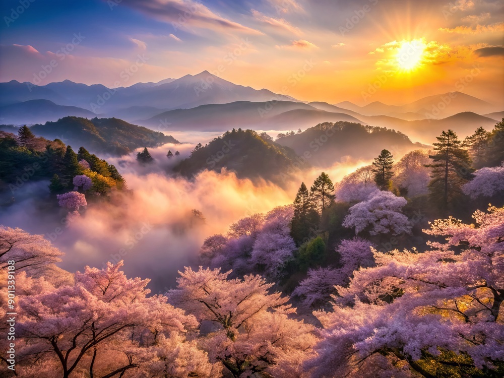 Vibrant purple mist swirls amidst glowing golden light, suspended above ...