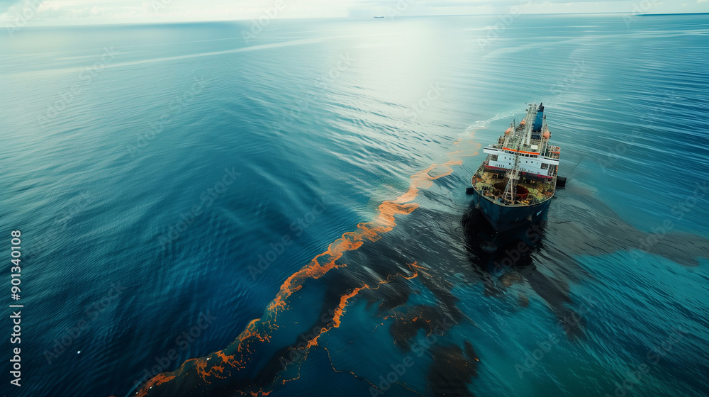 ภาพประกอบสต็อก Oil spill from ship causing environmental pollution on ...