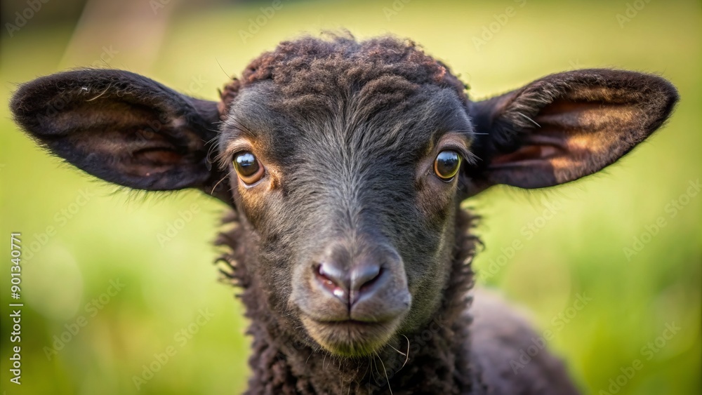 Adorable black lamb's head with curly fur and floppy ears to the sides ...