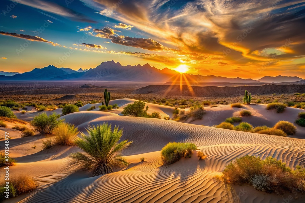 Vibrant orange sunset casts a warm glow on the vast Texas desert ...