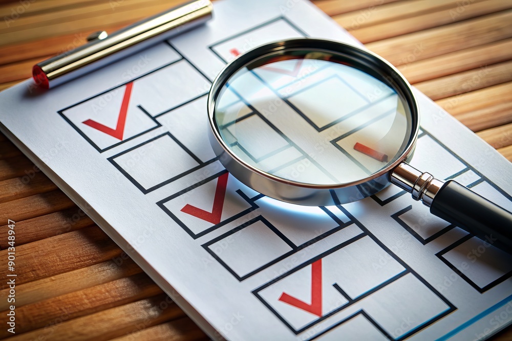 A magnifying glass rests beside a checklist with every box neatly ...