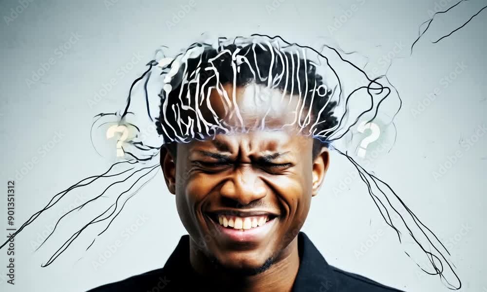 Sad young man with worried stressed face expression and brain melting ...