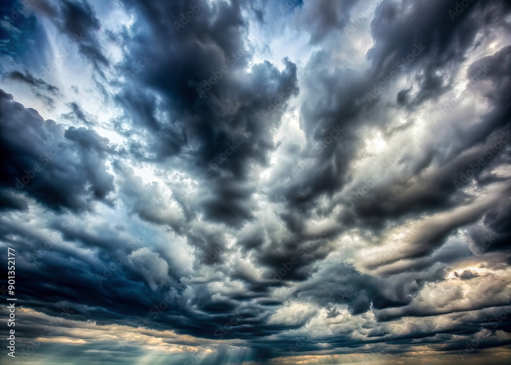 Moody gray cloudy sky stretches endlessly, soft wispy clouds unfold ...