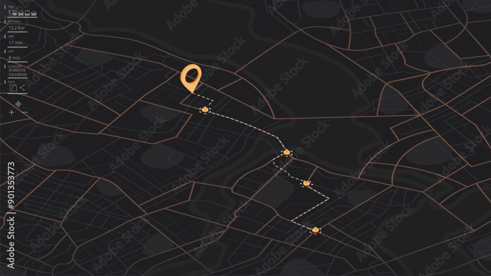 City map with route from one point to marked by line. Route and ...