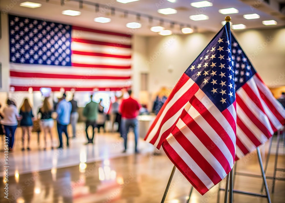 American flag waving in the foreground with a blurred background of ...