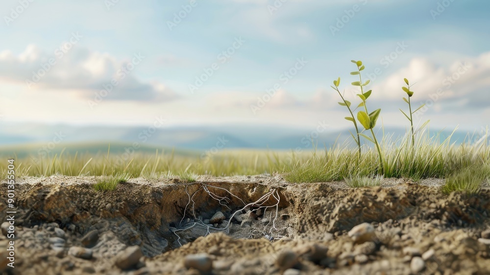 A cross-section of a grassy hill revealing layers of soil and roots ...
