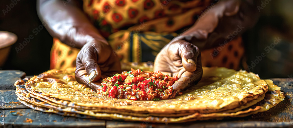 cook serving a Injera a spongy, sourdough flatbread and a staple in ...