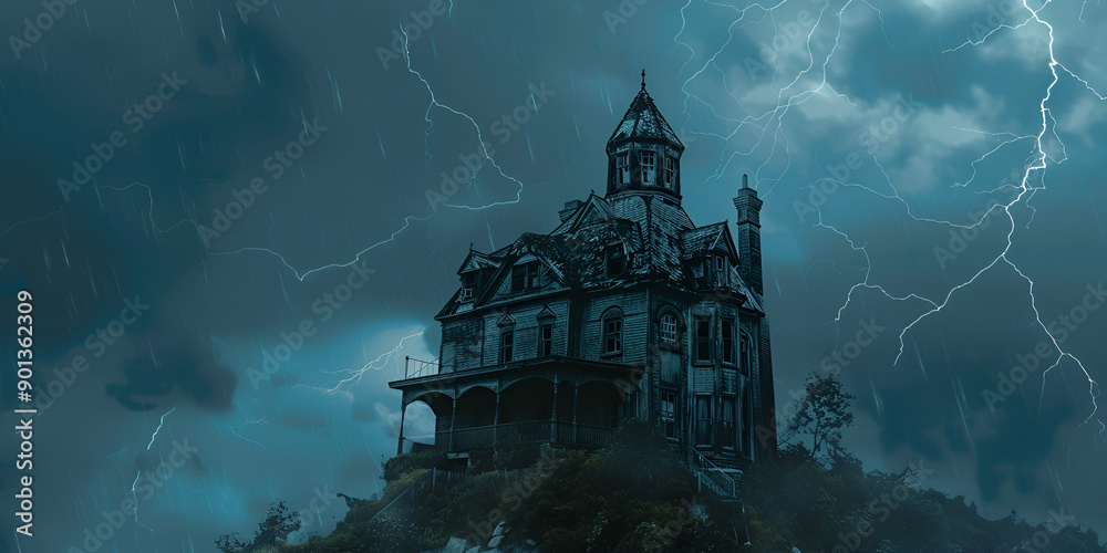 Haunted House on Stormy Night, Spooky Mansion in Lightning Storm Stock ...