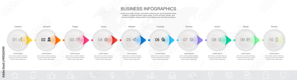 Business vector infographics with 10 circles and arrows. Timeline ...