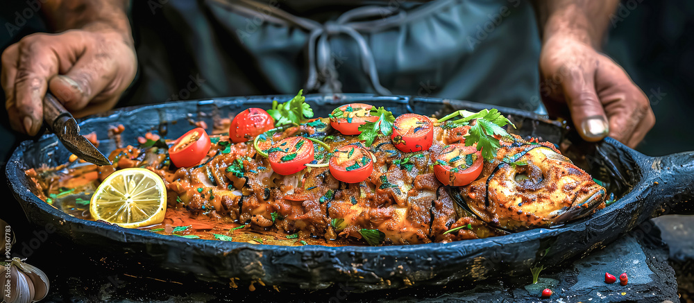 cook serving a Sayadeya a traditional Egyptian fish dish made with ...